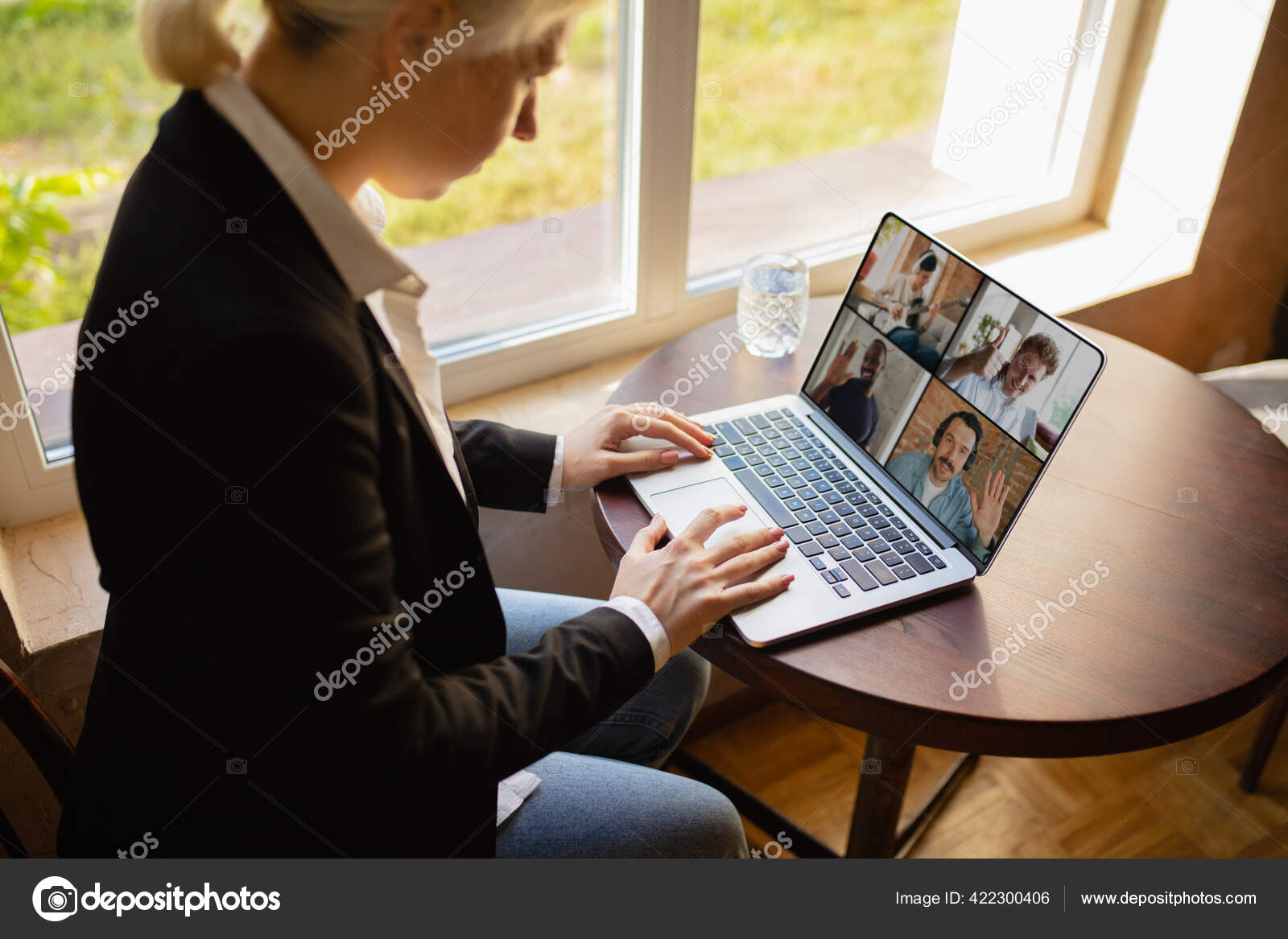 Remote working. Workplace in bar, restaurant office with PC, devices ...