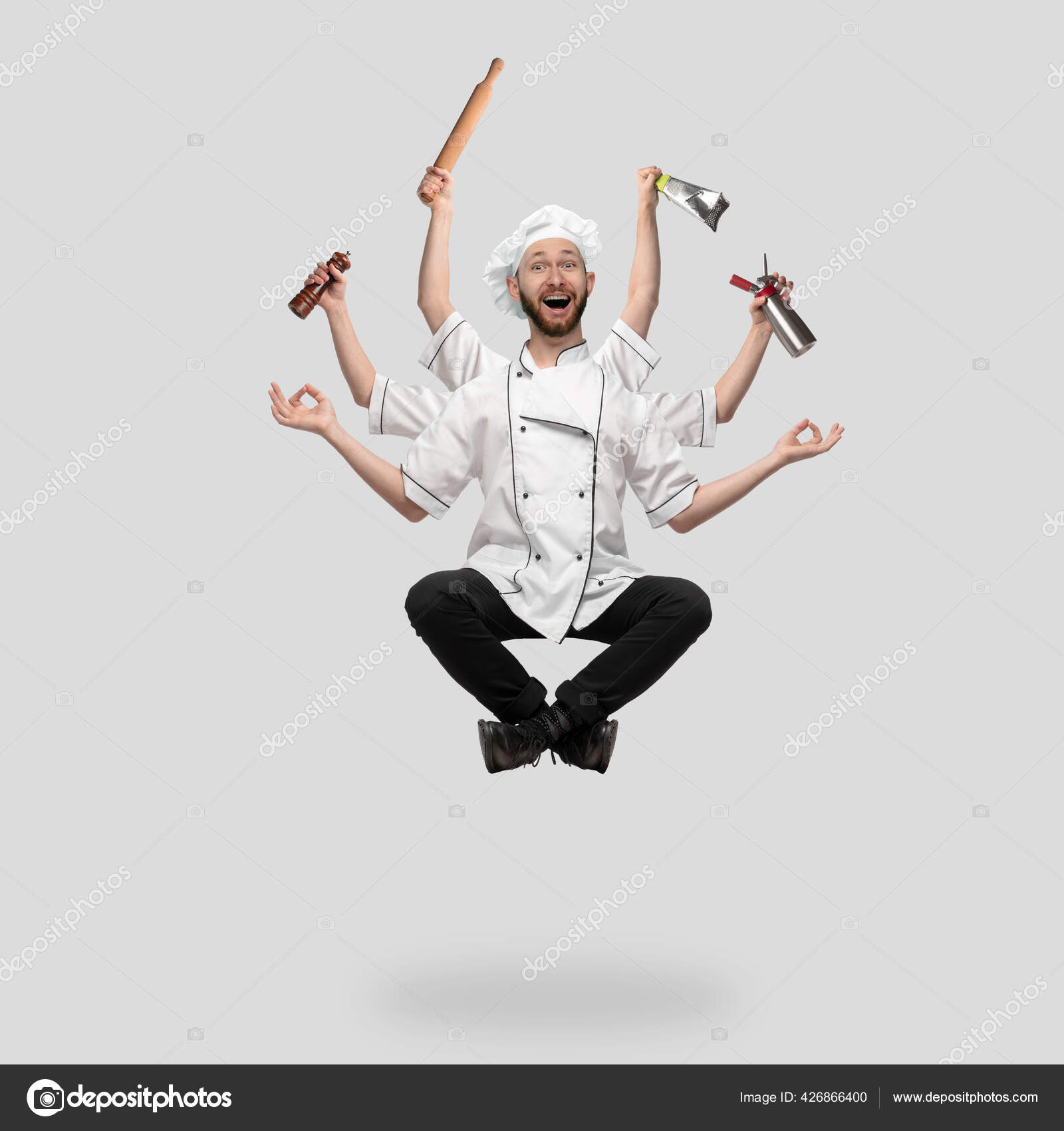 Cooker, chef, baker in uniform multitask like shiva isolated on gray ...