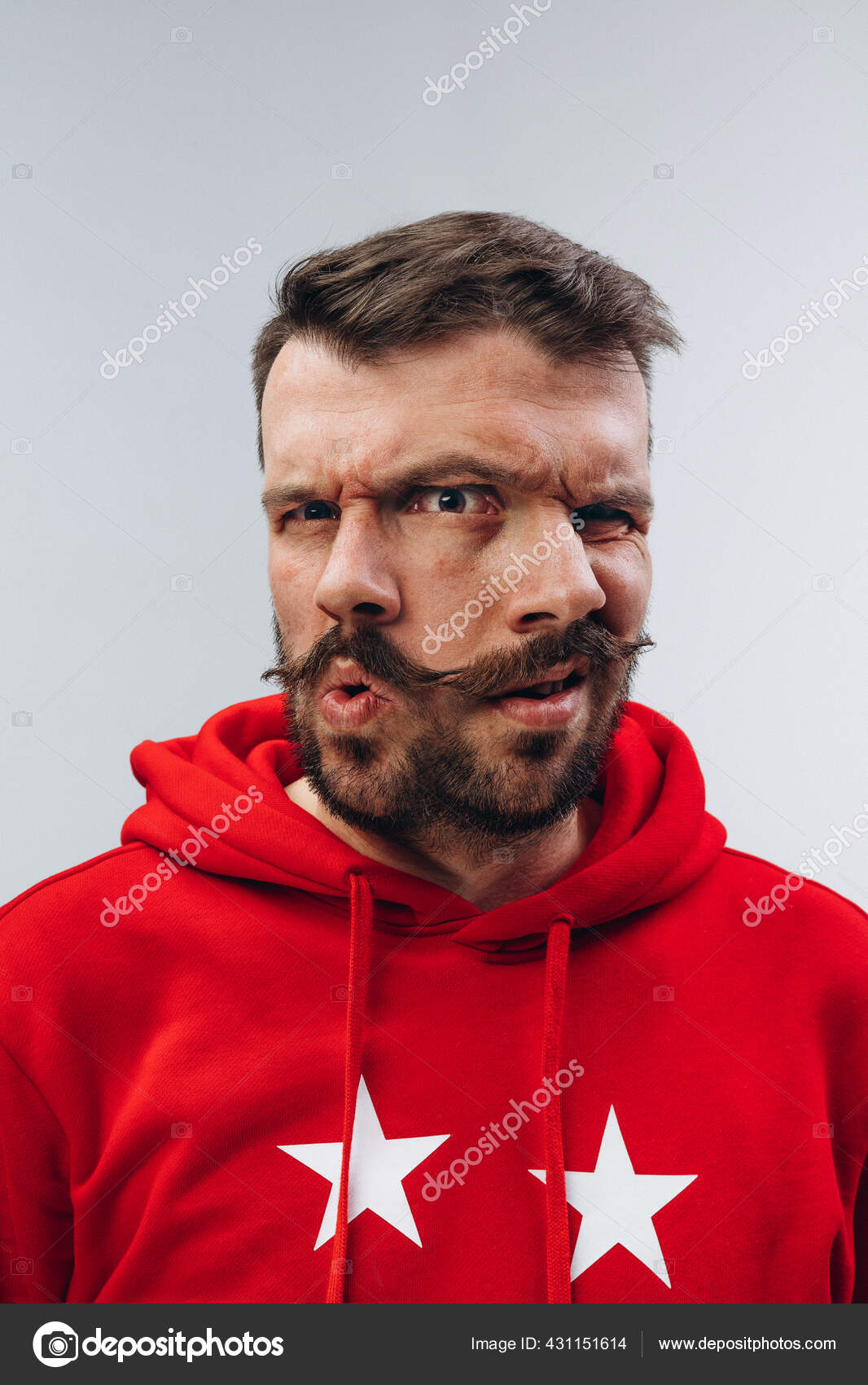 Young man with dual emotions combination on face isolated on white ...