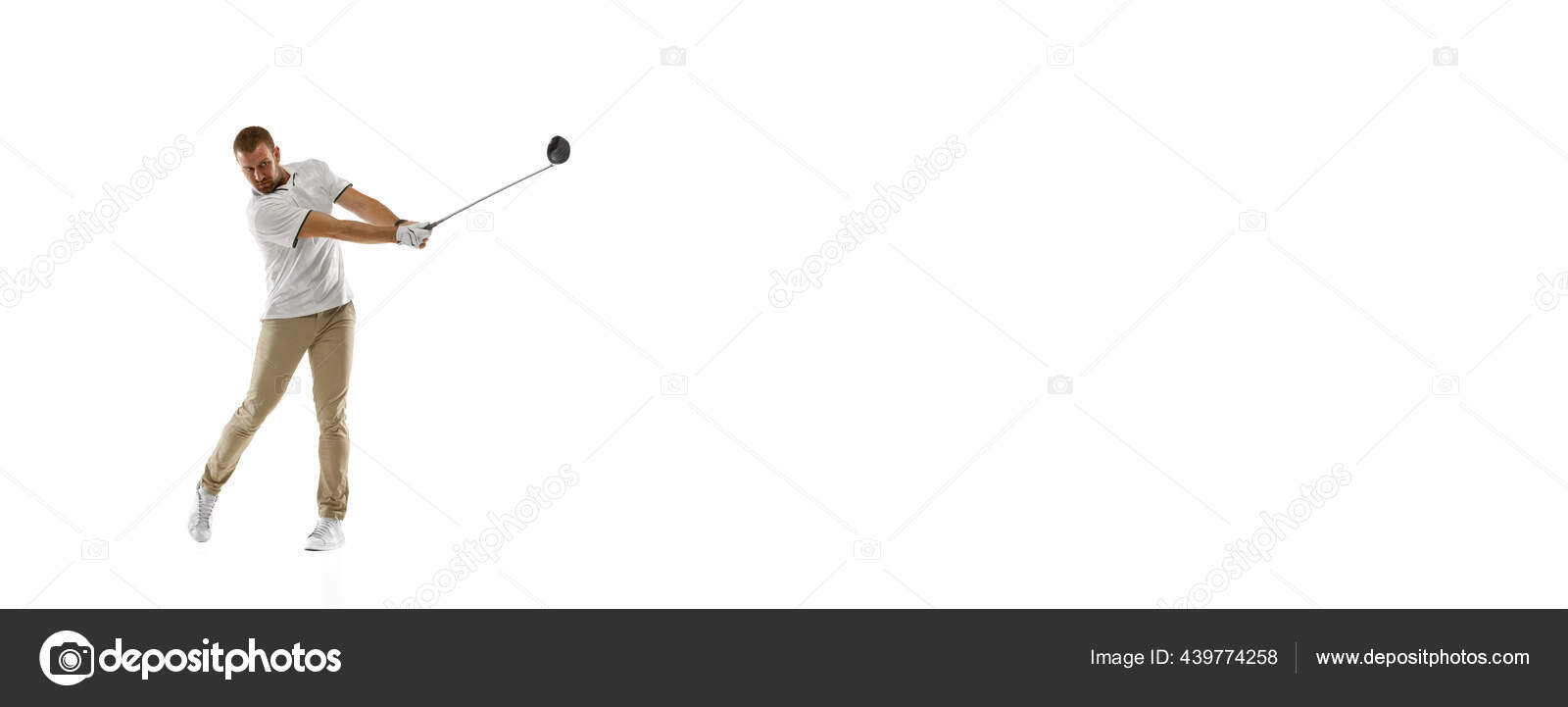 Golf player in a white shirt practicing, playing isolated on white ...
