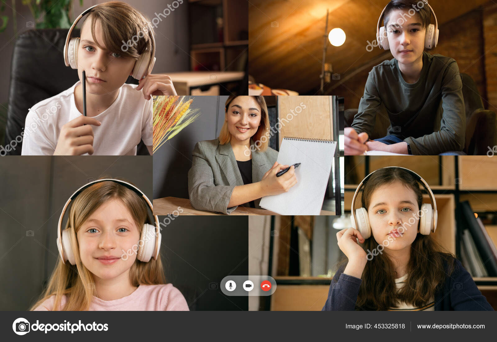 Group of kids, class studying by group video call, use video conference ...