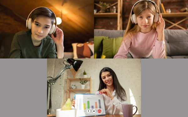 Group of kids, class studying by group video call, use video conference ...