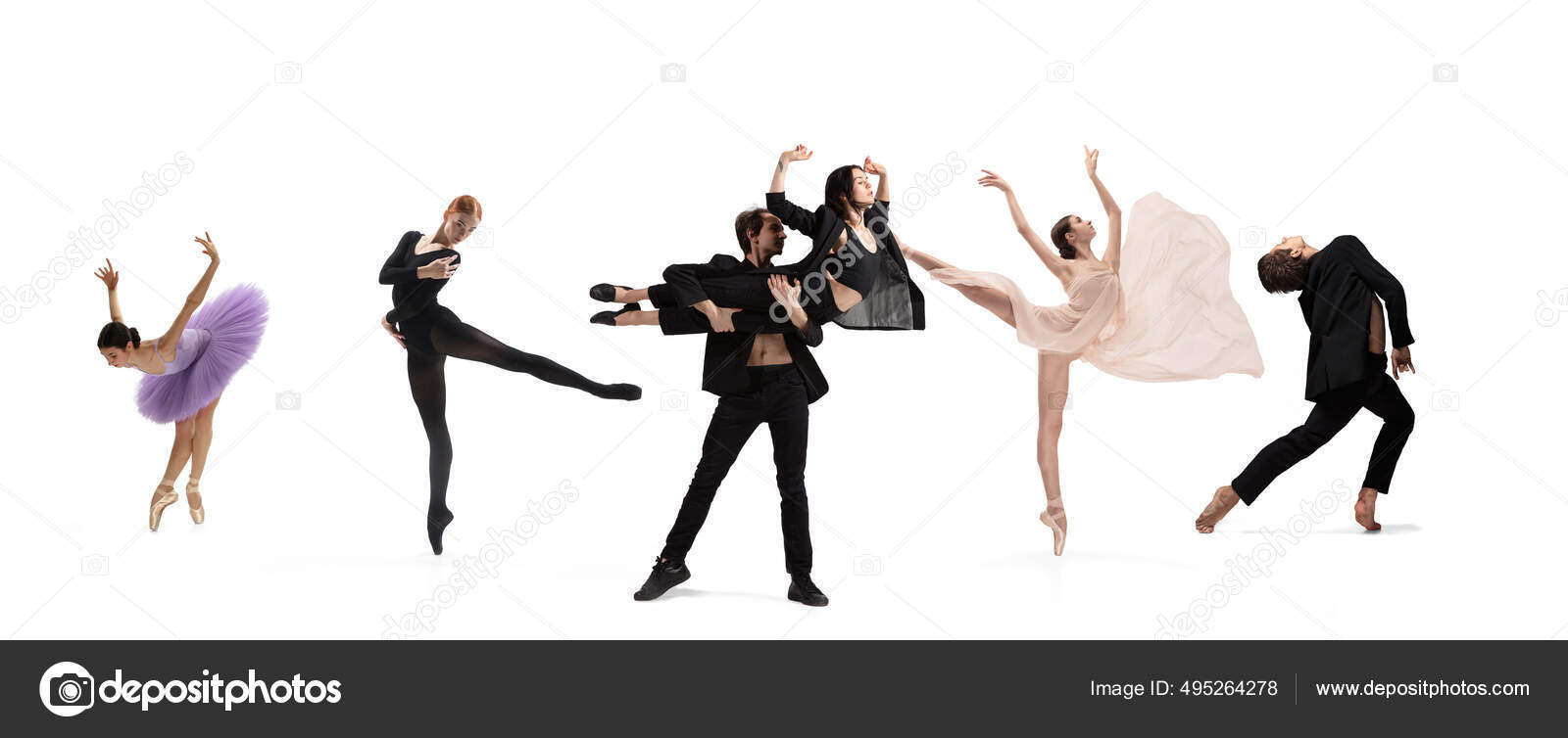 Collage of portraits of male and female ballet dancers dancing isolated ...