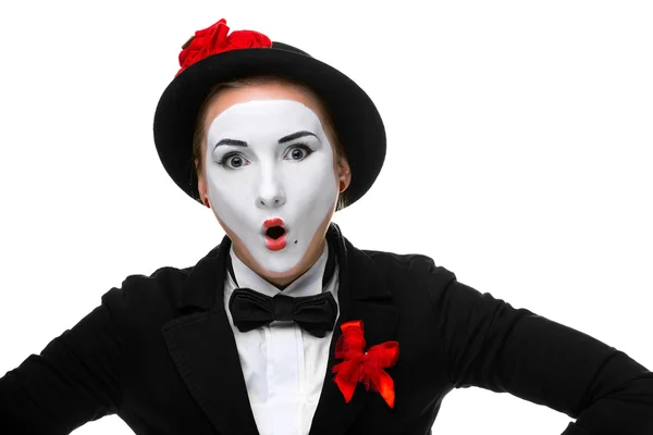 Portrait of a female mime artist performing, isolated on white ...