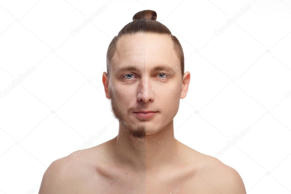 Handsome young man with half shaved face looking at camera Stock Photo ...