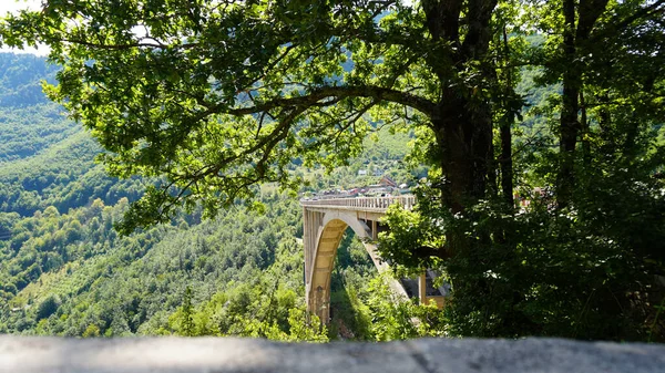 An arched road bridge high in the mountains. Mountains overgrown with ...
