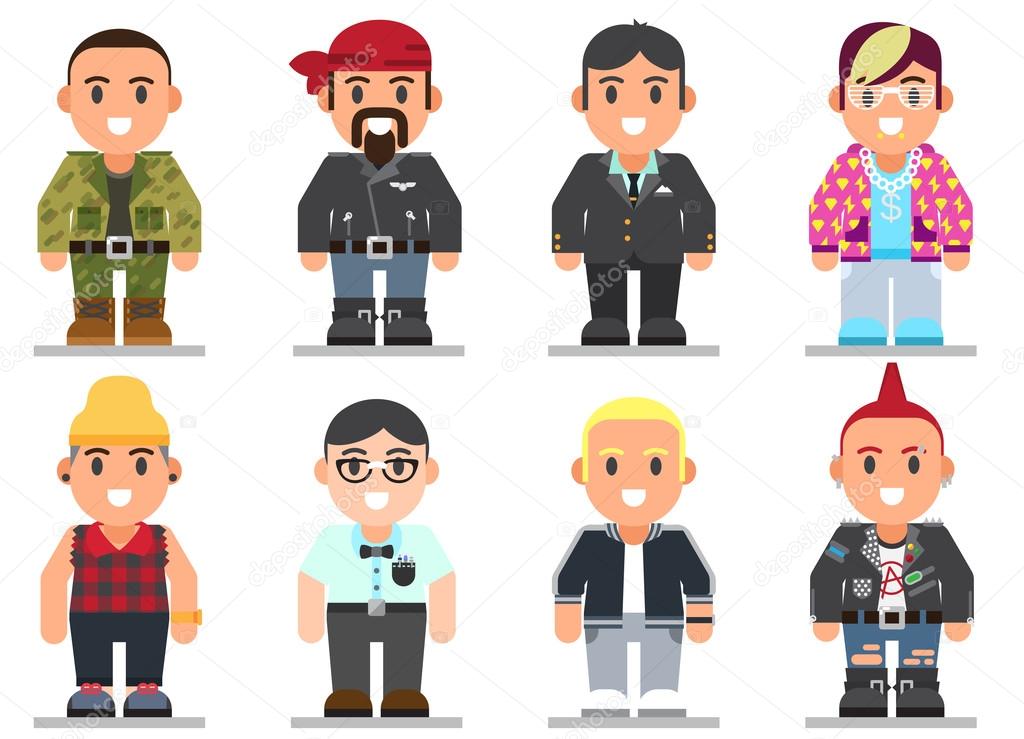 diferentes subculturas hombre en estilo plano de moda. 2023