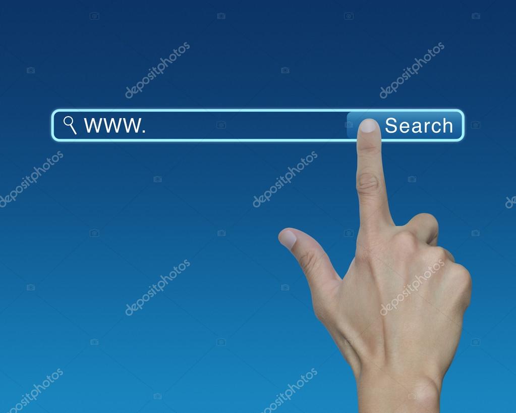Hand pressing search button over blue background, searching inte ...