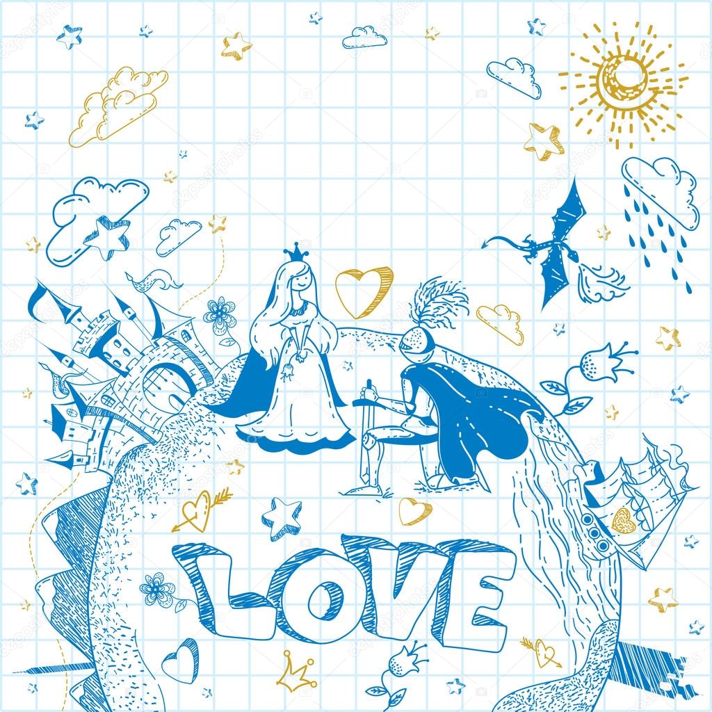 Doodle ink cartoon Earth globe with princess and knight Stock Vector by ...