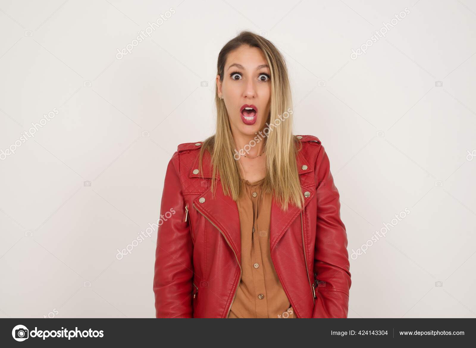 Emotional Attractive Female Opened Mouth Expresses Great Surprisment ...