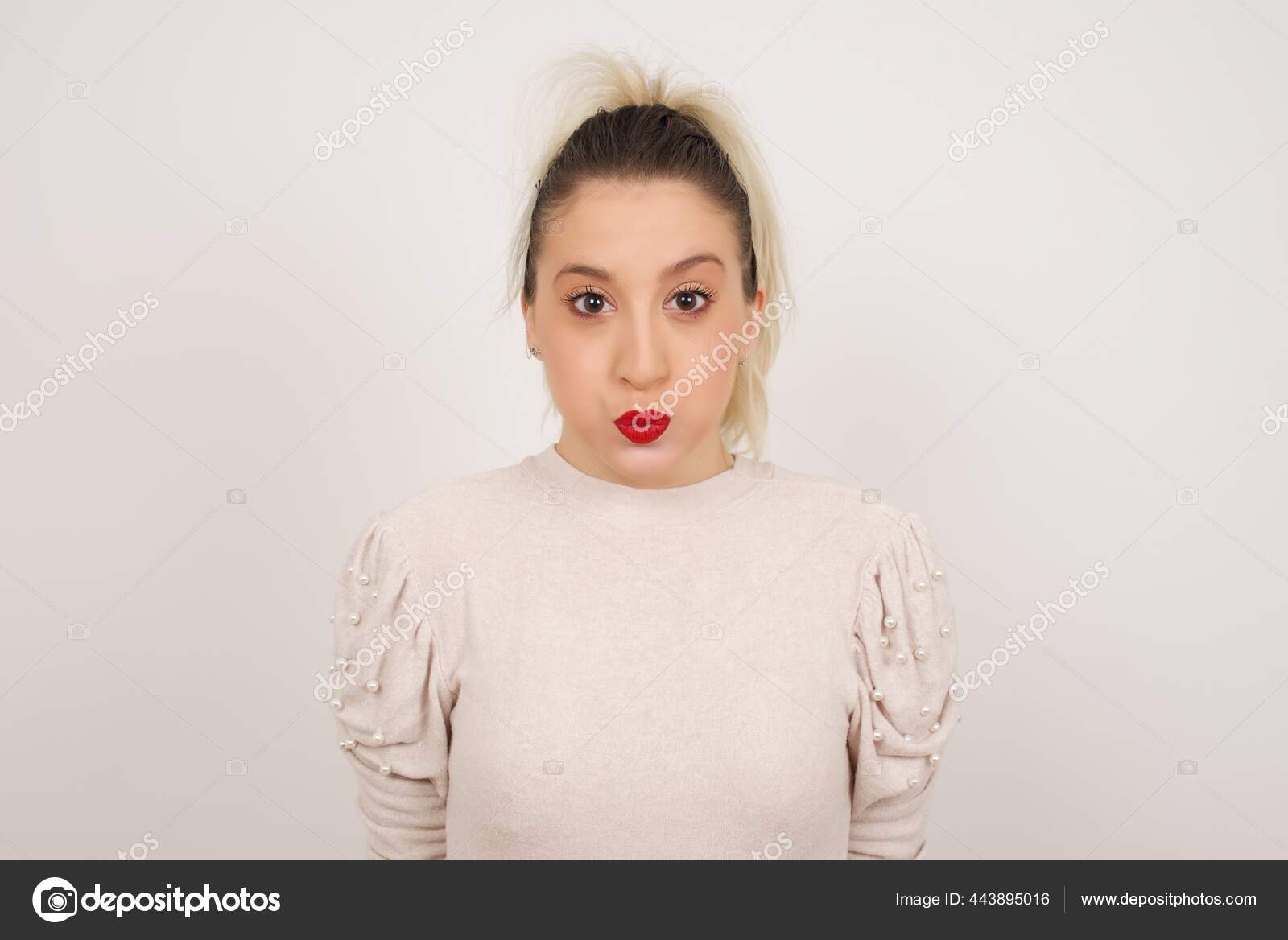 Beautiful Young Woman Puffing Cheeks Funny Face Mouth Inflated Air ...