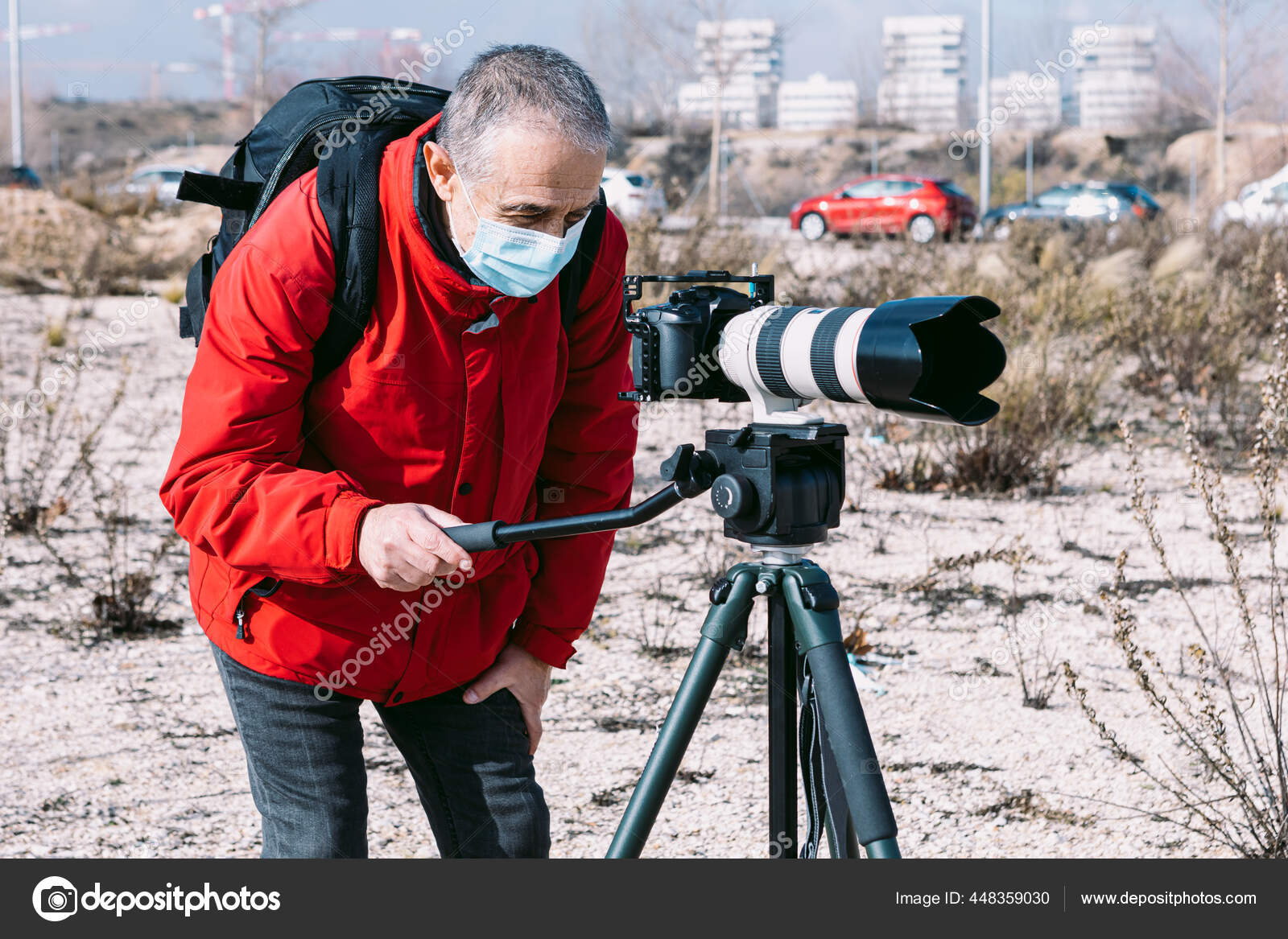 Photographer Wearing Surgical Mask Taking Photos Video Street Using ...