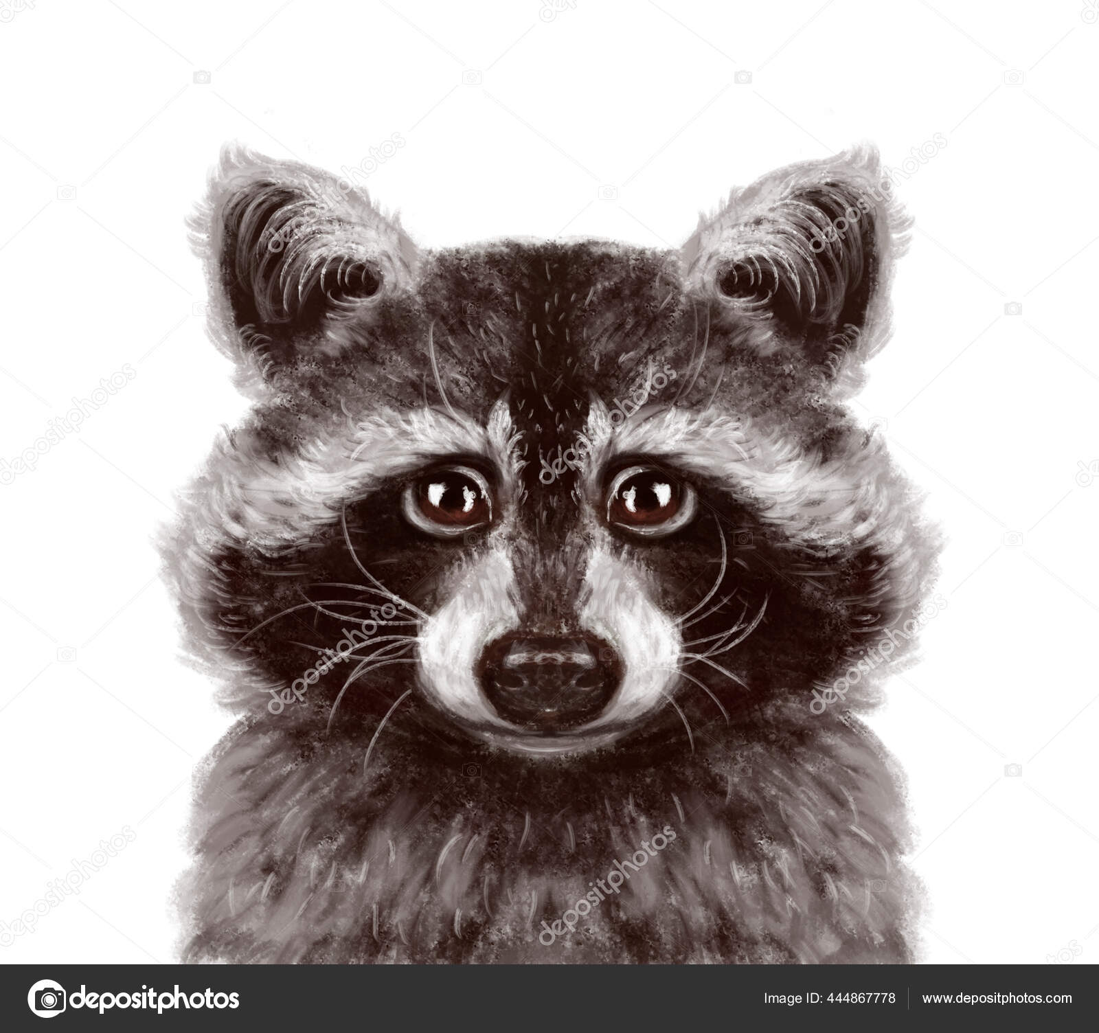 Retrato Lindo Mapache Negro Blanco Gris Cabeza Animal Dibujada Mano ...