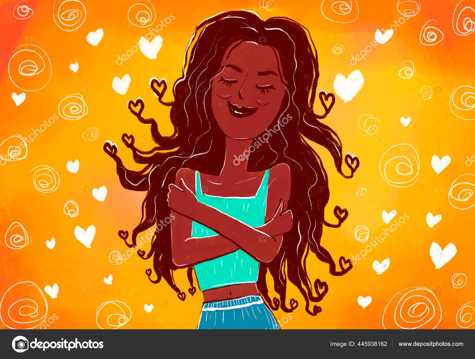 Self Love Drawing Girl Hugging Herself Shoulders Feeling Happiness Love ...