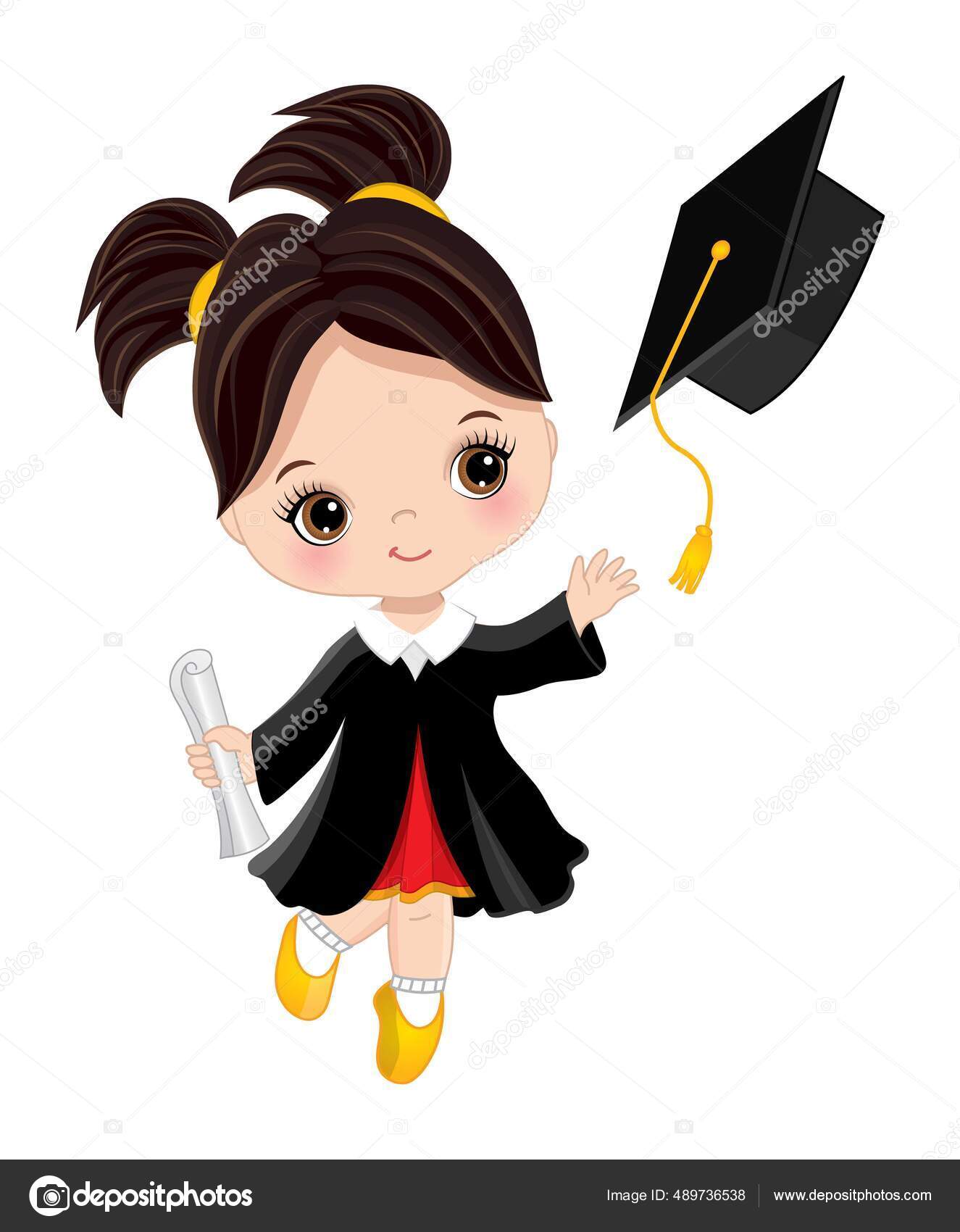 Vector linda niña vestida con vestido negro tirando el casquillo de ...