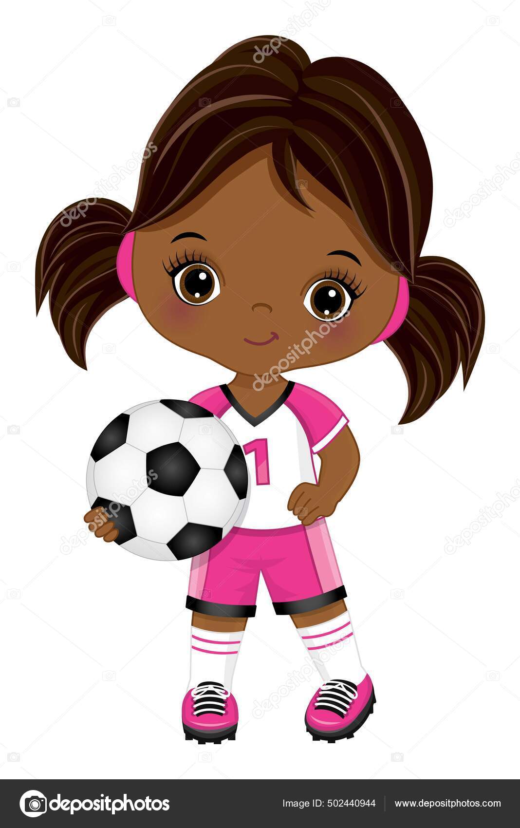 Cute Little Soccer African American Girl Holding Ball. Vector chica negra con balón de fútbol ...