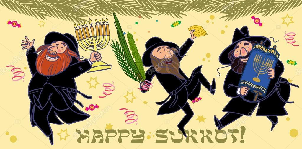 Divertidos hombres judíos de dibujos animados bailando con plantas ...