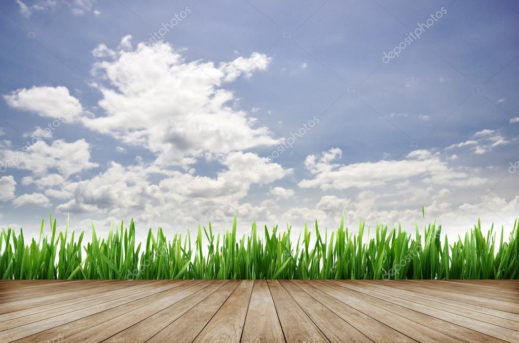 Wooden platform and green grass with blue sky background Stock Photo by ...