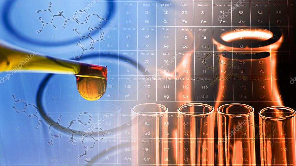 Science laboratory test tubes and periodic table background Stock Photo ...