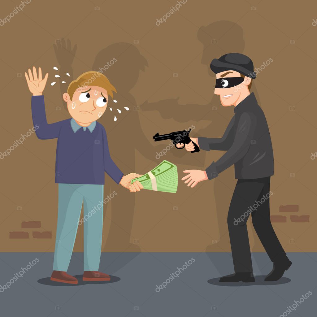 Robador con pistola tomando dinero de un hombre, Crisis bancaria ...