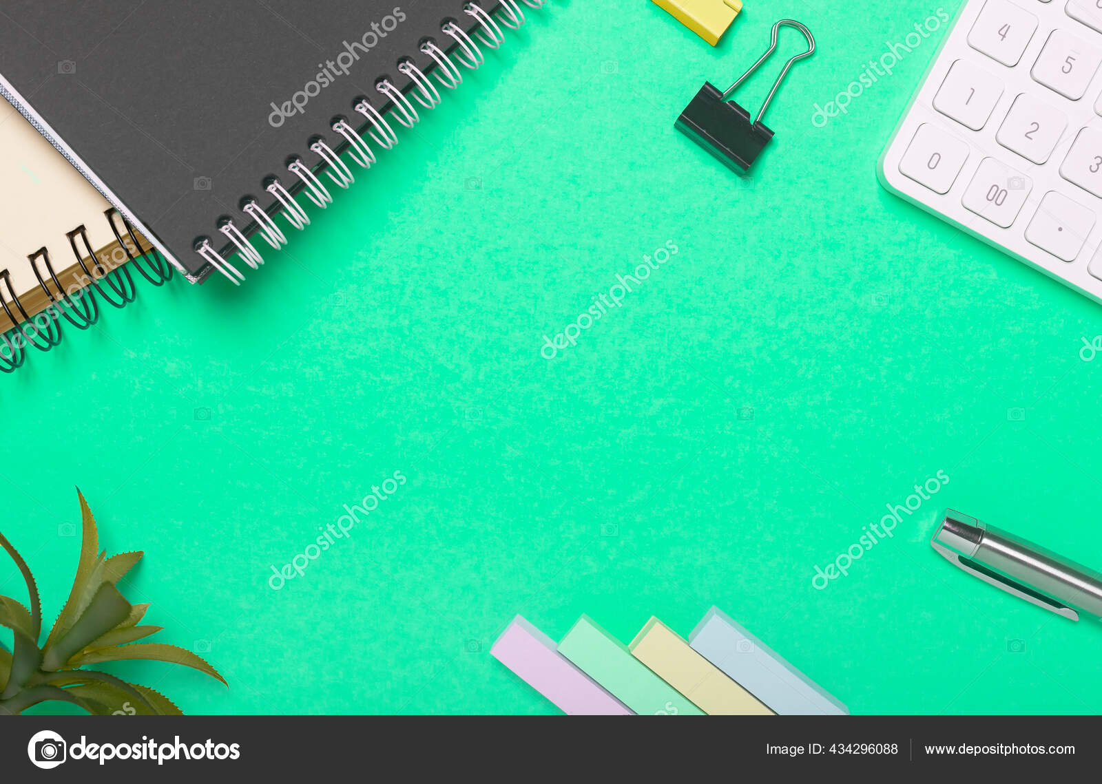 Green Office Desk Table Background Backdrop Plant Calculator Pen Spiral ...