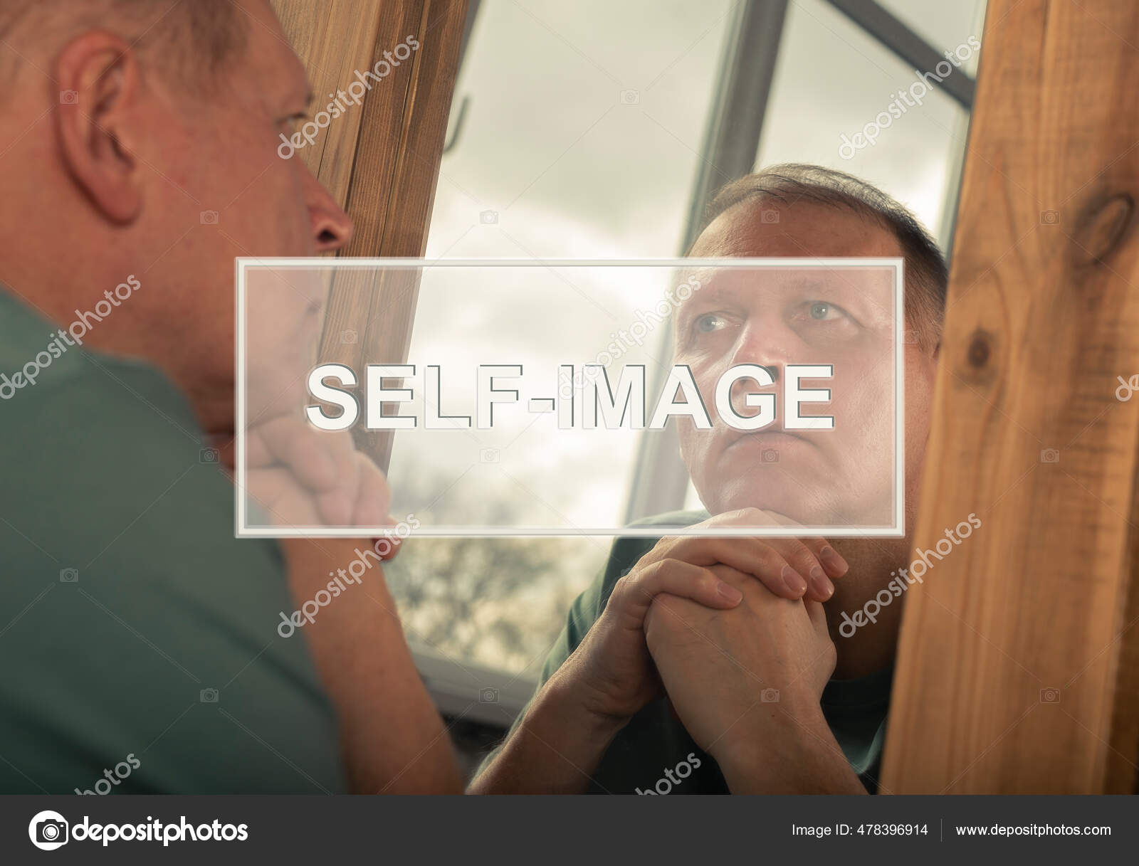 Self-image and perception word on photo with mature man thinking about ...