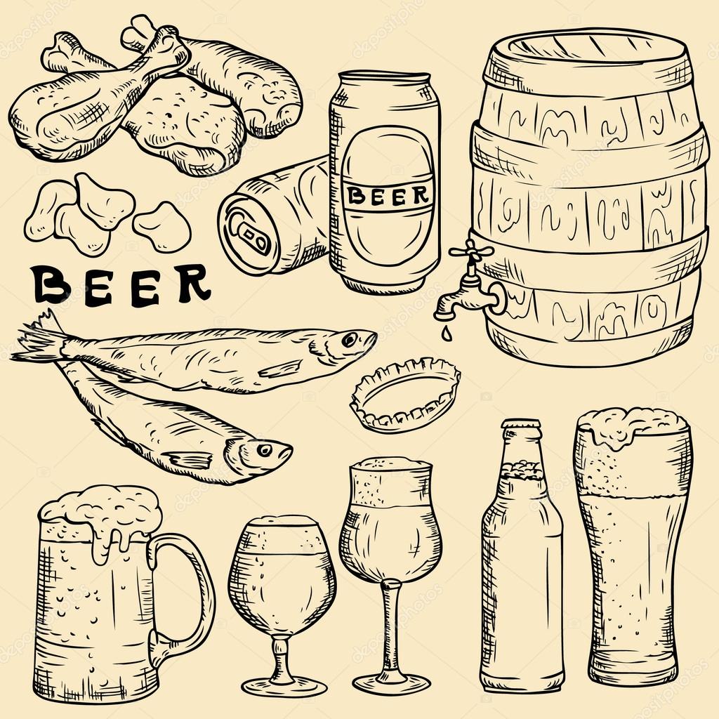 Vector linear drawing. Beer, beer snack, beer ware. — Stock Vector ... Vector linear drawing. Beer, beer snack, beer ware. — Stock Vector ...