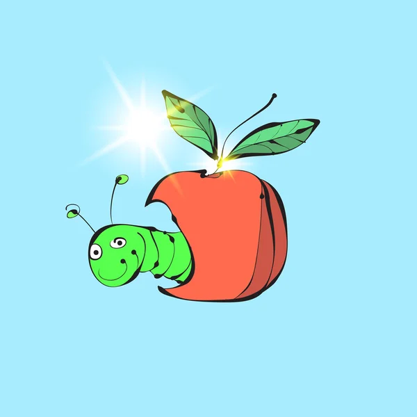 Green funny smiling cute caterpillars eating apple. Insect character ...