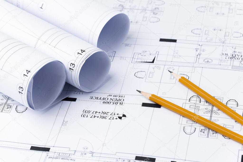 Pencils on blueprint..architecture blueprints, building plans Stock ...