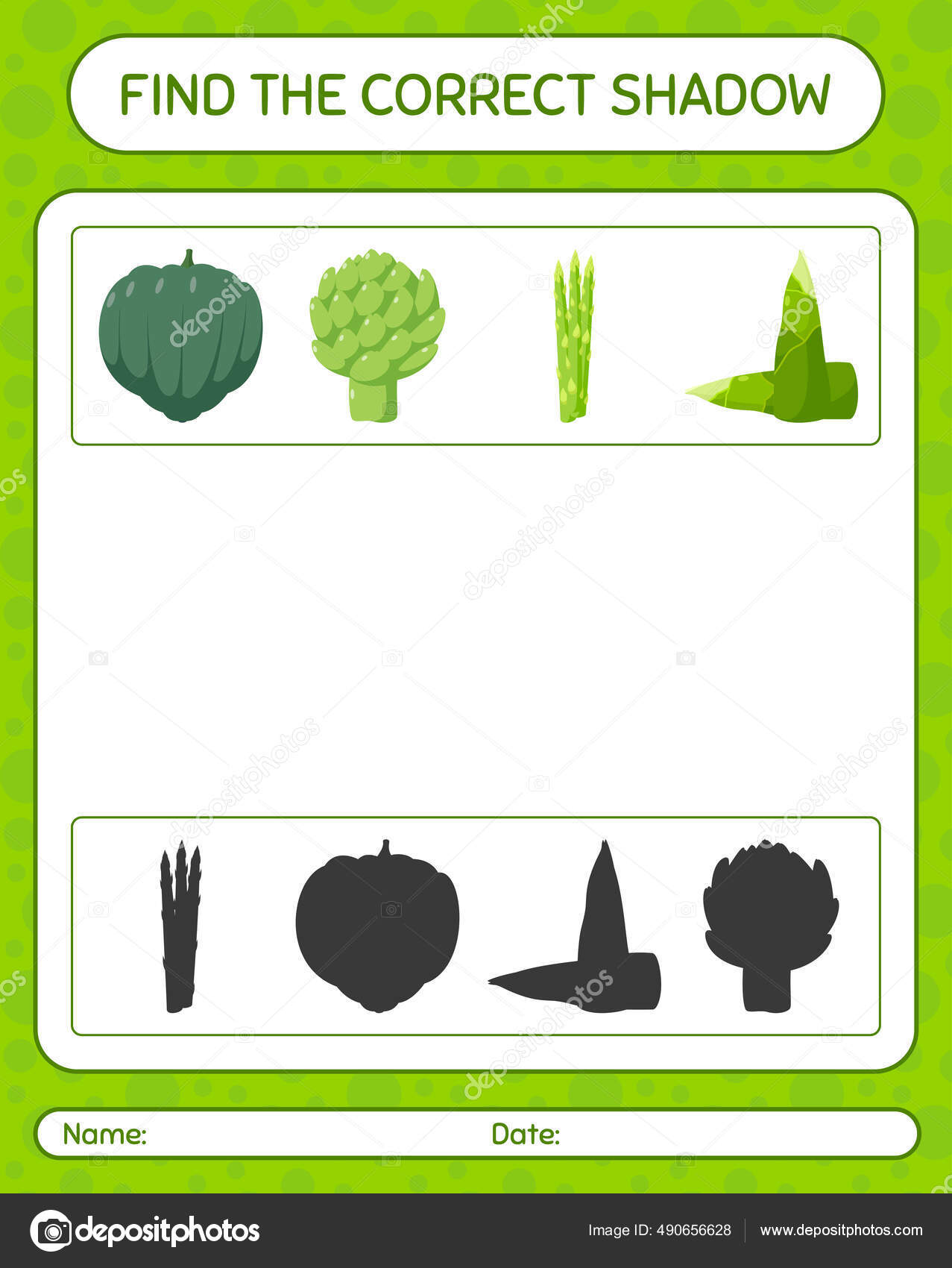 Find Correct Shadows Game Vegetables Worksheet Preschool Kids Kids ...
