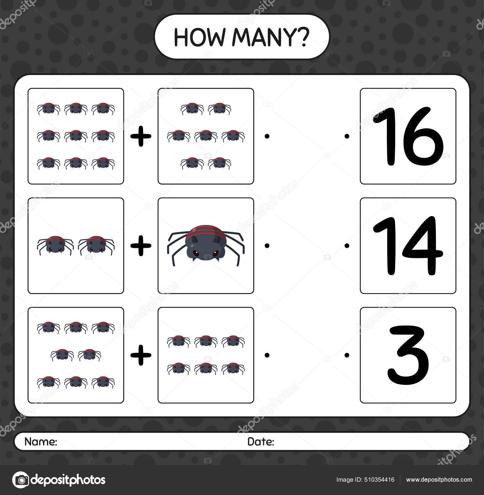 Image vectorielle Combien Jeu Comptage Avec Araignée Feuille Travail ...