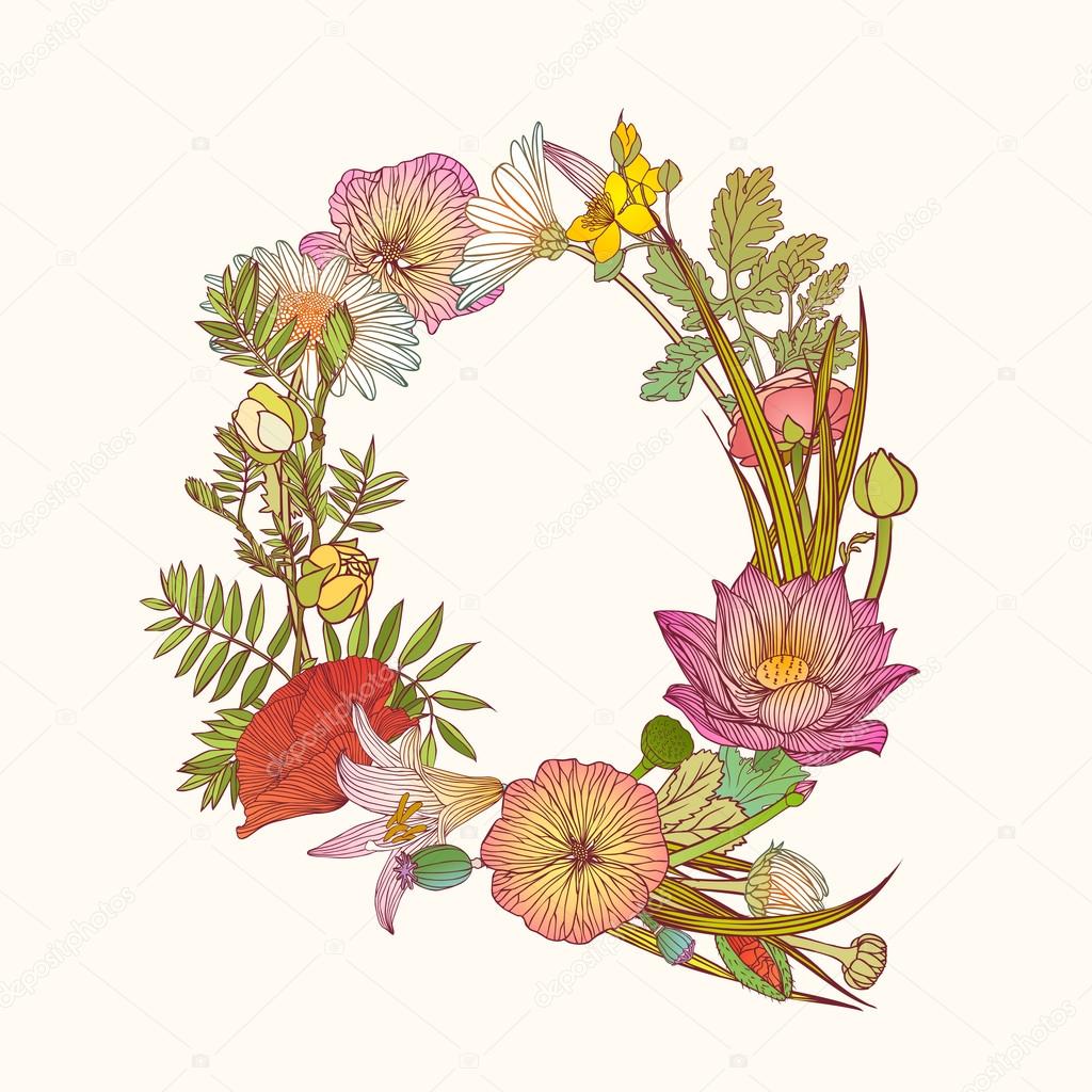 Floral alphabet. Letter Q — Stock Vector © Ukususha #101835508