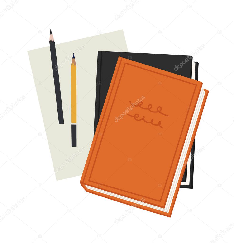 Ilustraci n vectorial de la pila de libros, papel y l pices, aislados en blanco. Set dibujado a ...