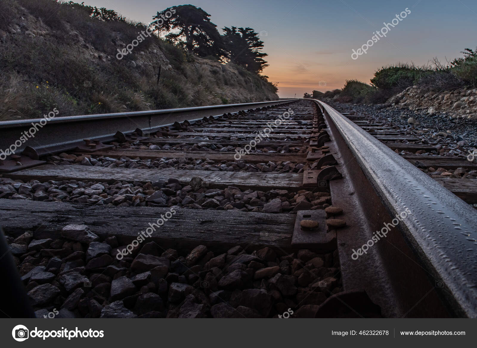 Parallel Train Tracks Lead Horizon Dawn Begins Light Morning Sky ...