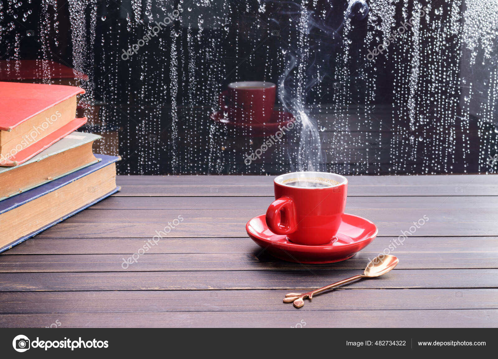 Red Coffee Cup Hot Black Coffee Hot Steam Set Old — Stock Photo ...