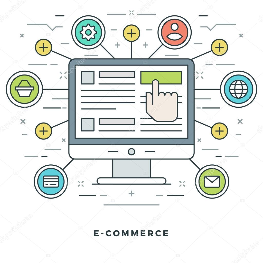 Línea plana de compras en línea y comercio electrónico. Ilustración ... Línea plana de compras en línea y comercio electrónico. Ilustración ...