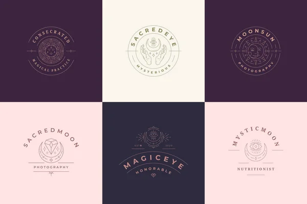 Magic logos emblems design templates set with mystic moon and female ...