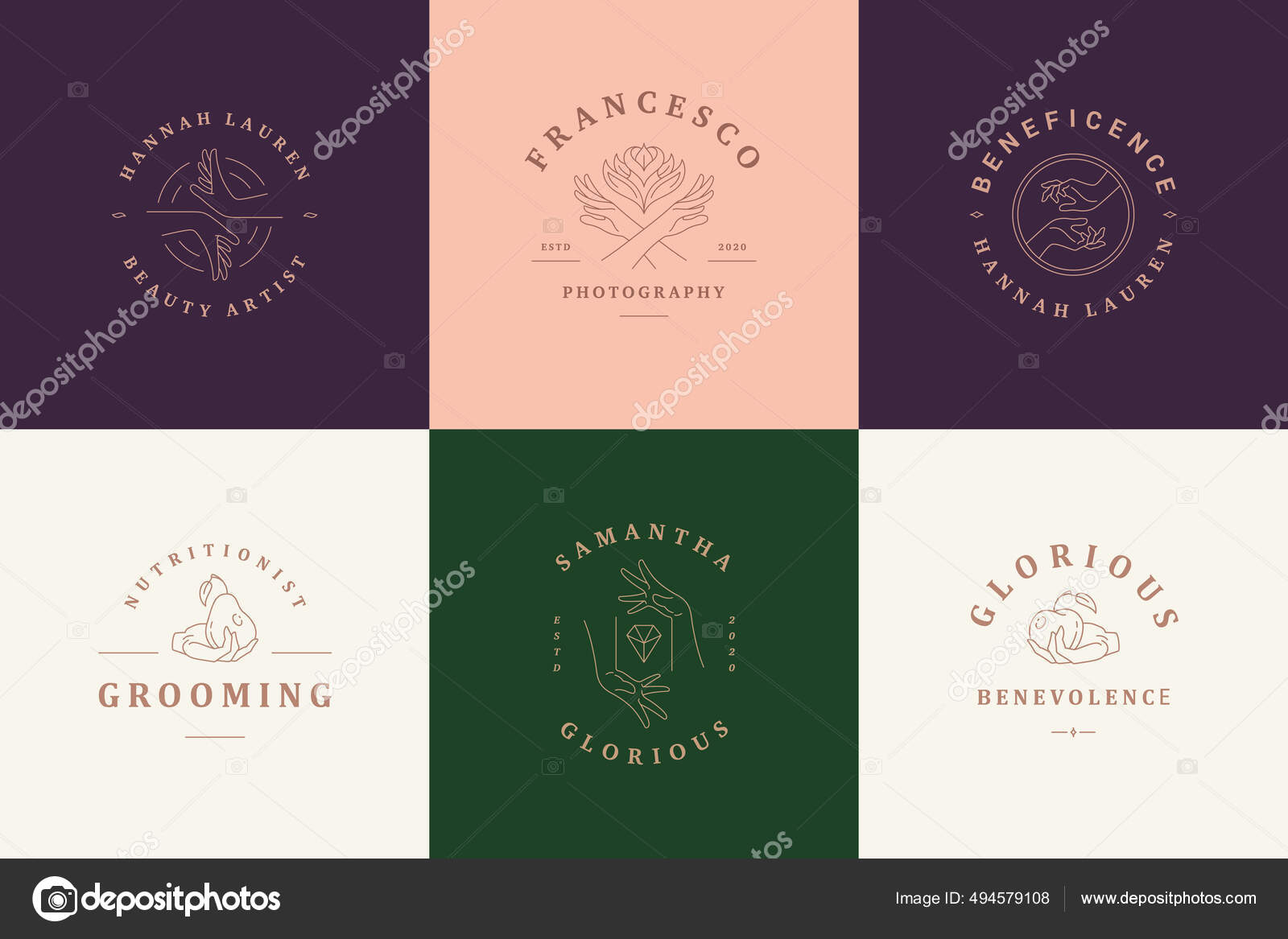 Feminine logos emblems design templates set with female hands gestures ...