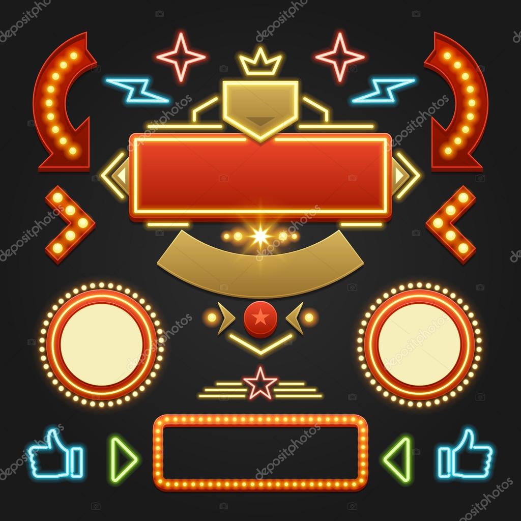 Retro Showtime Signs Design Elements Set. Bright Billboard Signage ...