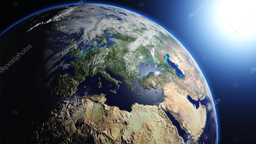 Planeta země ve vesmíru nebo vesmíru, země a galaxie v mracích mlhovina ...