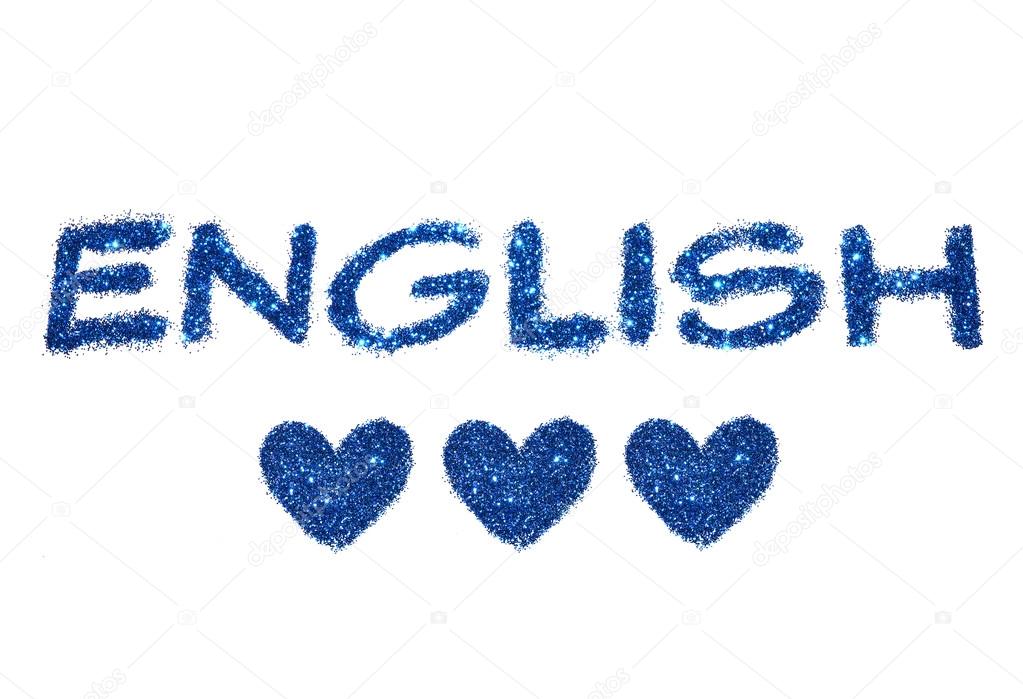 Palabra Inglés y tres corazones abstractos de brillo azul sobre fondo ...