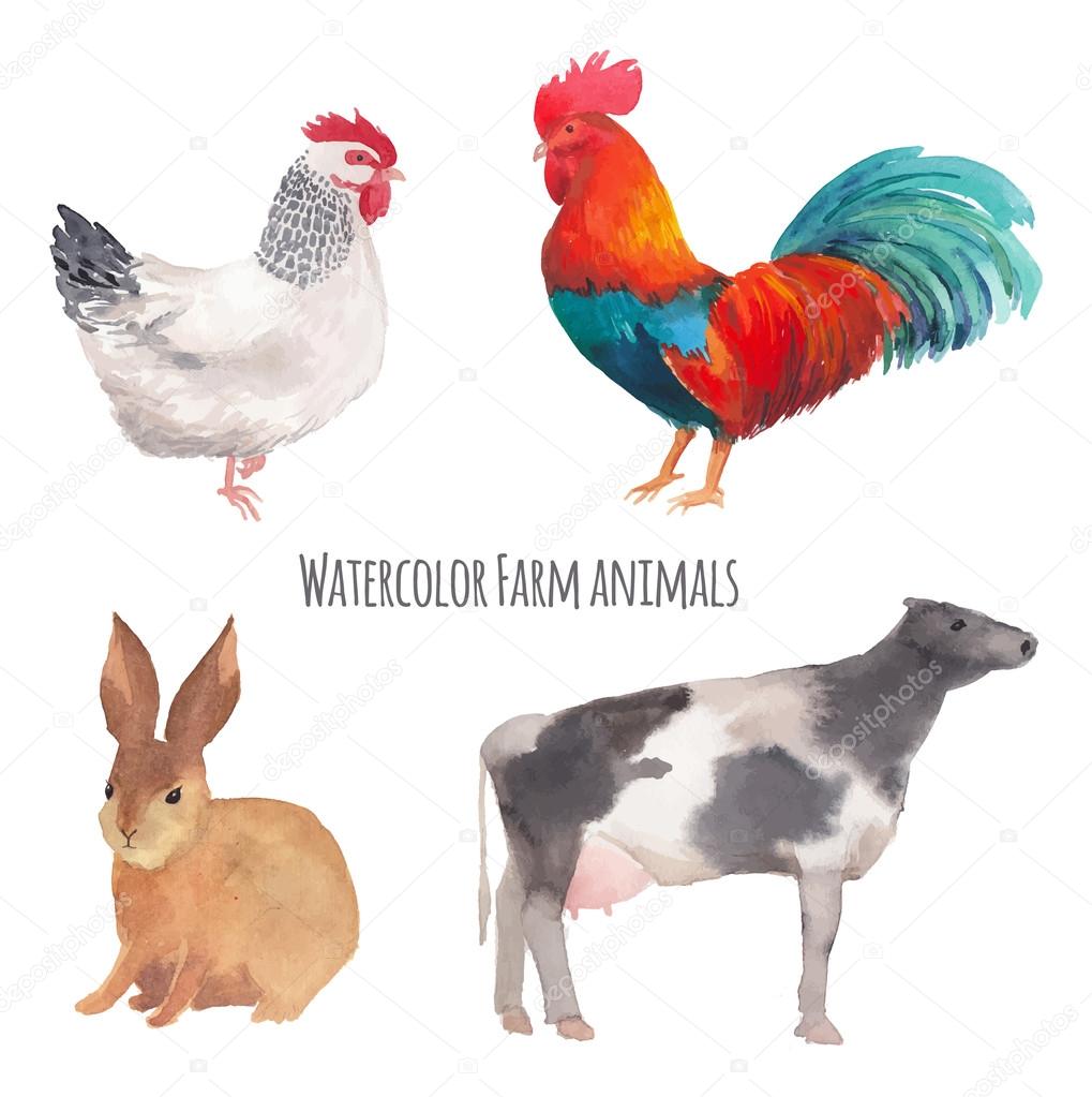 Watercolor farm animals — Stock Vector © DinaL #73027691