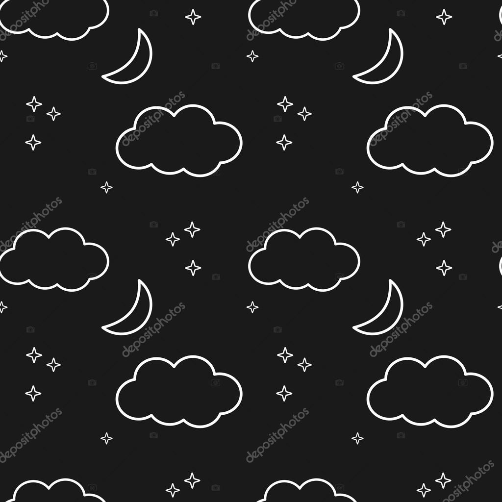 Black and white night sky with stars clouds and moon seamless vector ...
