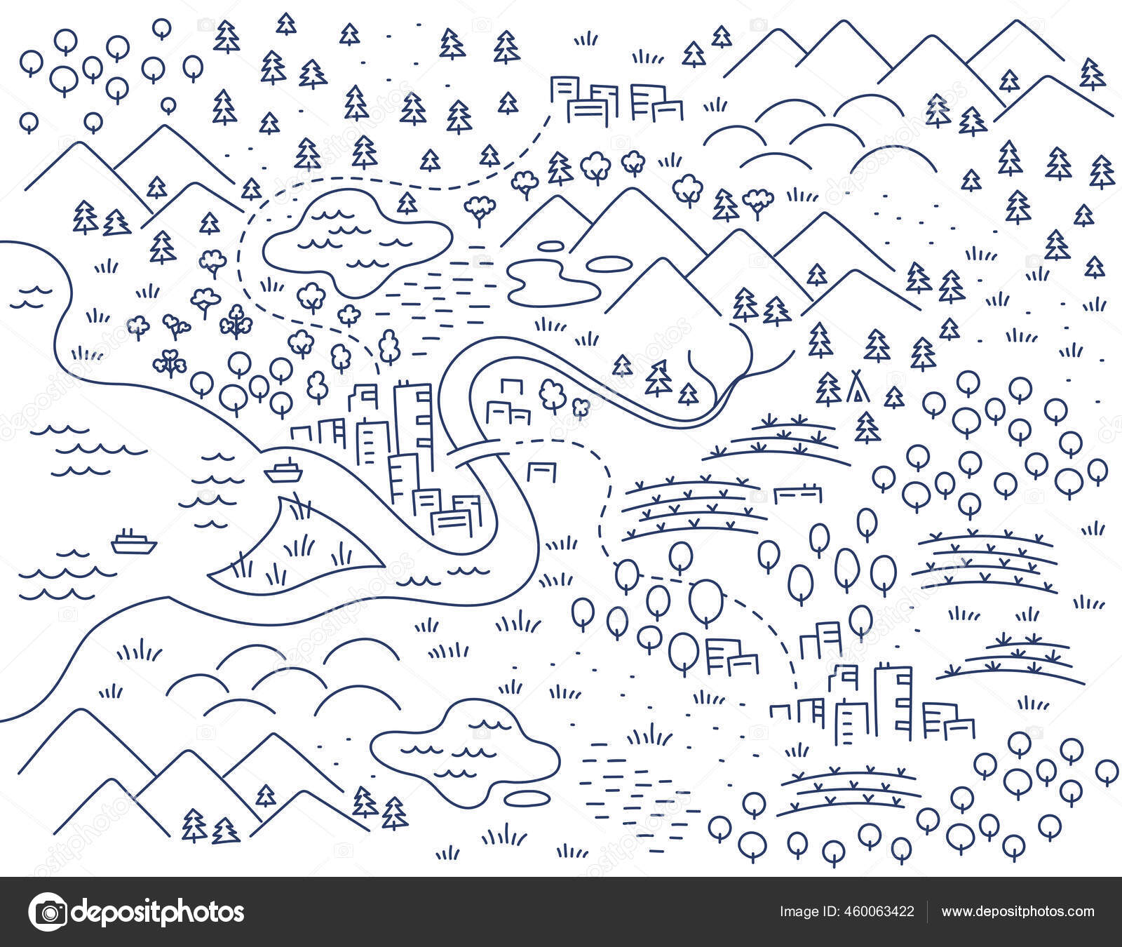 Locality area map sketch. City and village. Map for board game. Hand ...