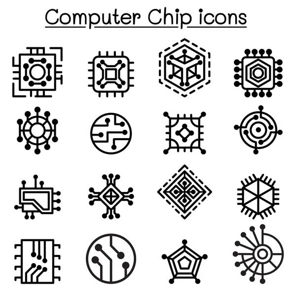 Computer Chips and Electronic Circuit icons in thin line style Vector ...