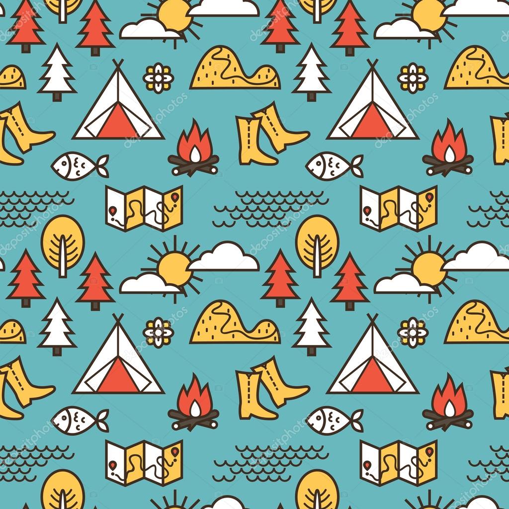 Camping, hiking and fishing seamless pattern. Stock Illustration by ...