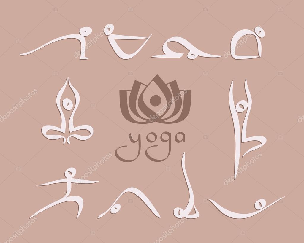 Yoga poses symbols set. Hand drawn stylized vector illustration. Stock ...