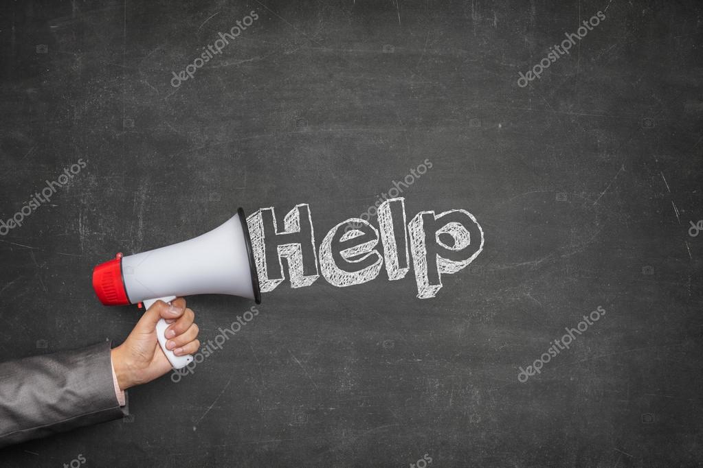 Black blackboard and help text with hand holding megaphone — Stock ...