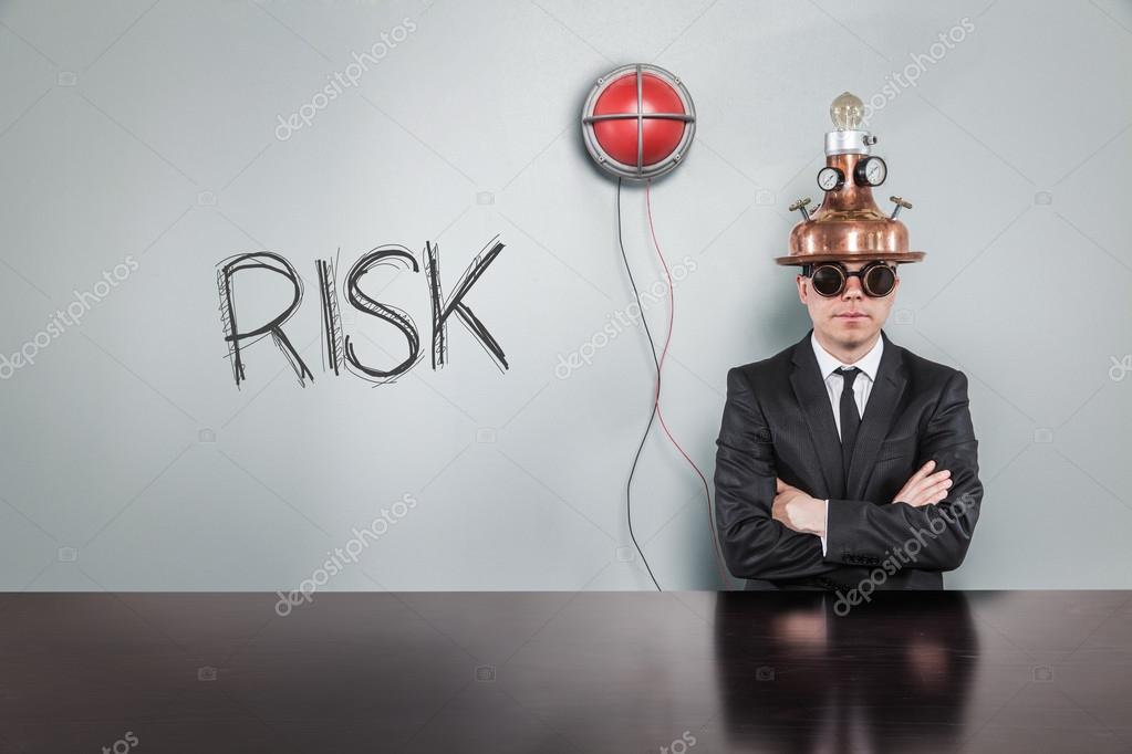 Risk text with alert light and vintage businessman — Stock Photo © info ...