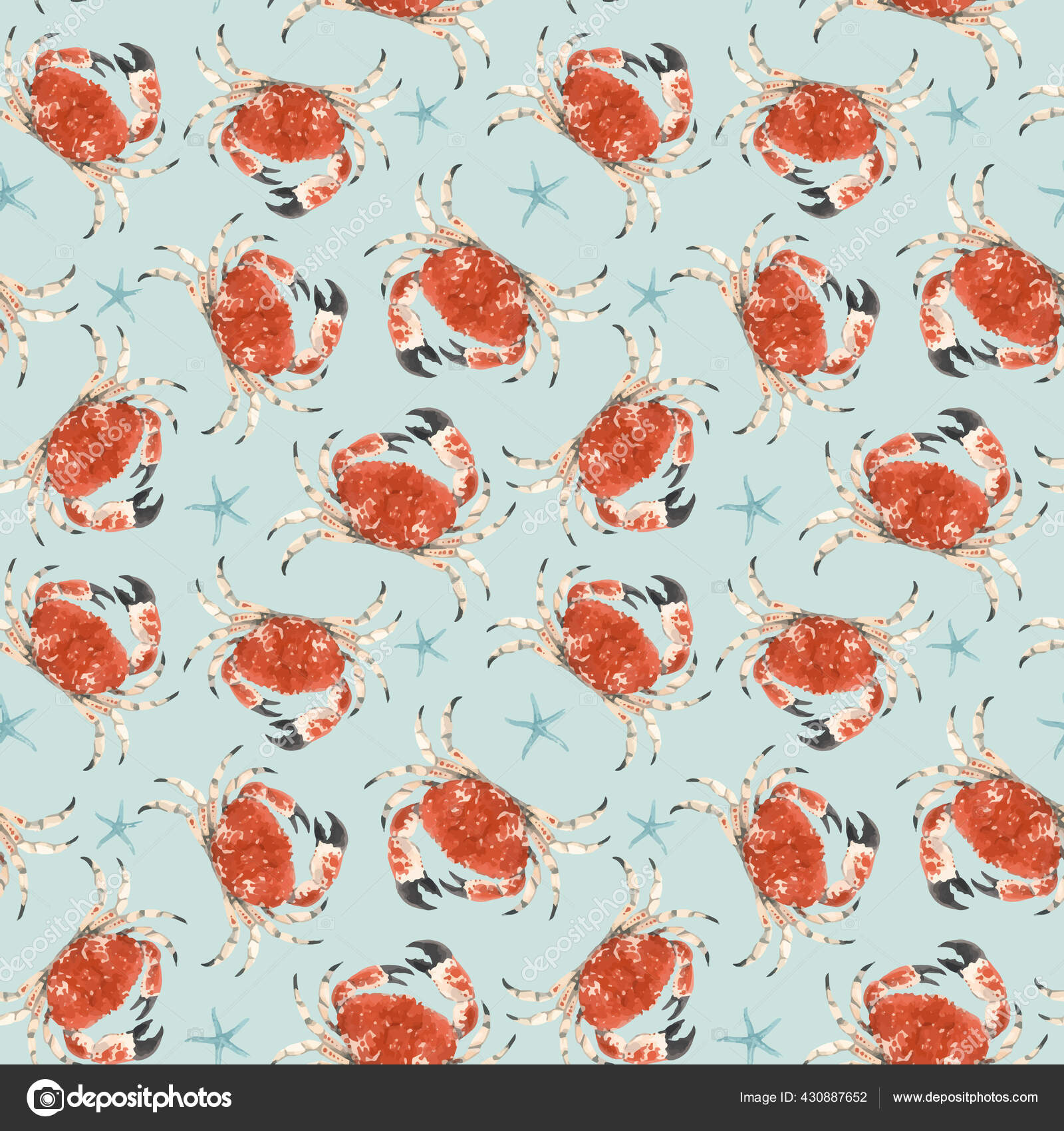 Beautiful vector seamless underwater pattern with watercolor red crabs ...